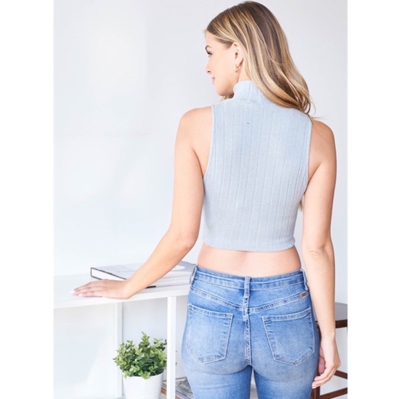 Tops | Grayish Blue High Neck Ribbed Knit Sleeveless Crop Top | Poshmark
